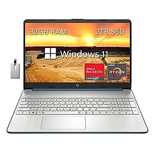 HP 2022 15.6" FHD Laptop, AMD Ryzen 5-5500U Processor, AMD Radeon Graphics, 32GB RAM, 2TB PCIe SSD, HD Webcam, Bluetooth, Wi-fi, Win 11, Blue, 32GB SnowBell USB Card
