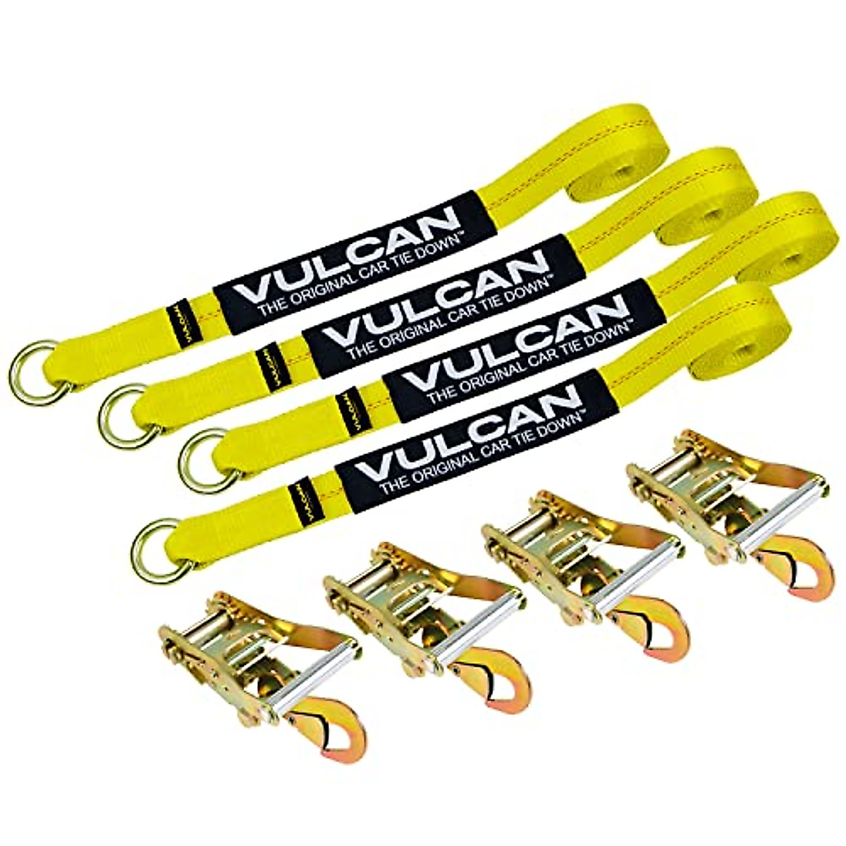 VULCAN Car Tie Down with Snap Hooks - Lasso Style - 2 Inch x 96 Inch - 4 Pack - Classic Yellow - 3,300 Pound Safe Working Load