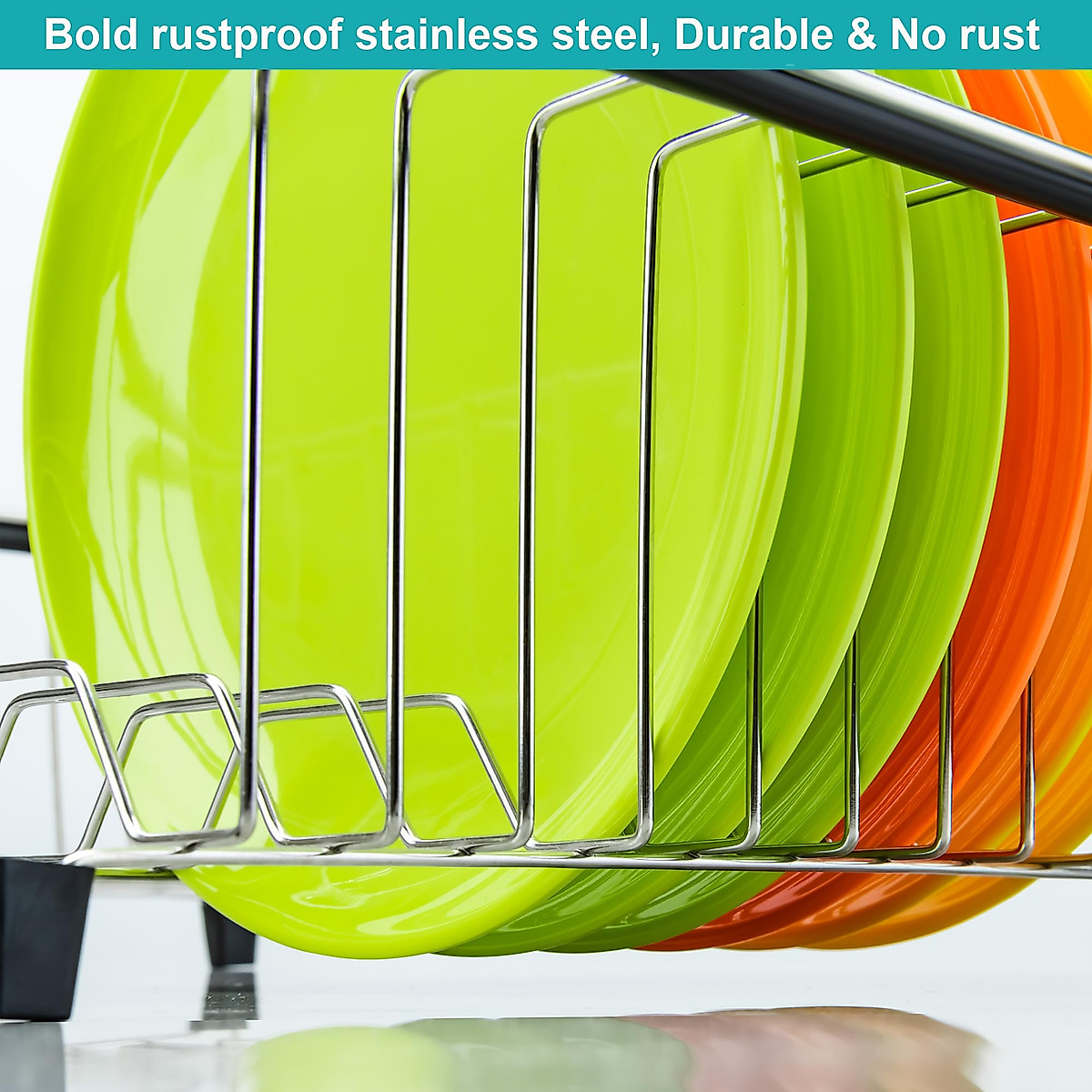 iPEGTOP Expandable Deep & Large Dish Drying Rack, Over The Sink, in Sink Or On Counter Dish Drainer Basket Shelf with Black Removable Utensil Silverware Holder, Rustproof Stainless Steel