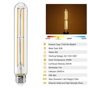 TopLeder E26 LED Bulb 60 Watt Tubular, Soft White 2700k Edison Bulb 6 Pack, 6W 650LM, Dimmable T10 Led Bulb, E26 Medium Base, 7.28 Inch Long Light Bulbs for Pendant Lights, Lamps, Outdoor Light
