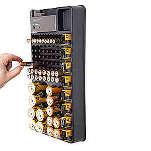 Wall Mounted Battery Organizer with Built-in Tester | Dimensions: 13.8" x 6.9" x 1.7" | Holds 98 Batteries | Wall Mounted | Battery Tester