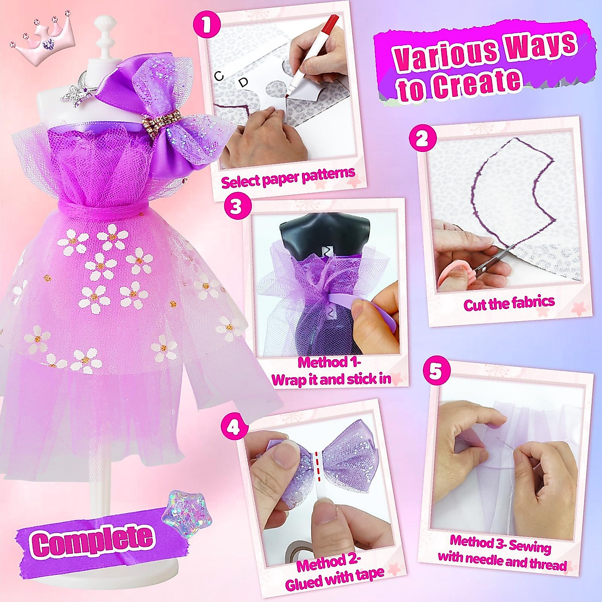 Jumlys 600+PCS Fashion Designer Kits for Girls Ages 6, 7, 8, 9, 10, 11, 12, Sewing Kits with 4 Mannequins for Kids Ages 6-8, 8-12, DIY Arts and Crafts Kits for Girls, Perfect Birthday Christmas Gift