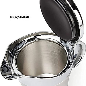 FOXDISK 304 Stainless Steel Double Insulated Gravy Boat 16 oz with Hinged Lid,Sauce Jug and Steak Sauce Pot Double Walled Insulated Thermal (16 oz/450ml)