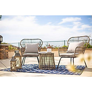 Barton 3 Pieces Bistro Chair Set w/Glass Table Grey Outdoor Patio Furniture Wicker Rattan Modern Conversation Chat Seating