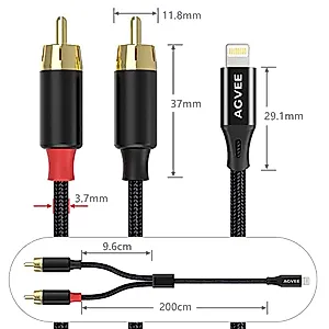AGVEE 6.6ft [MFi Certified] Lightning to RCA Cable Audio Y Cord Adapter Converter for iPhone 14 13 12 11 XS XR X 8 7 iPad iPod to Car, Home Stereo Speaker Headphone, Amplifiers, HDTV, Black