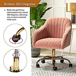 HULALA HOME Velvet Home Office Desk Chair, Modern Cute Computer Task Chair, Wheels Swivel Height Adjustable Upholstered Vanity Chair for Women, Girls (Gold Base, Pink)
