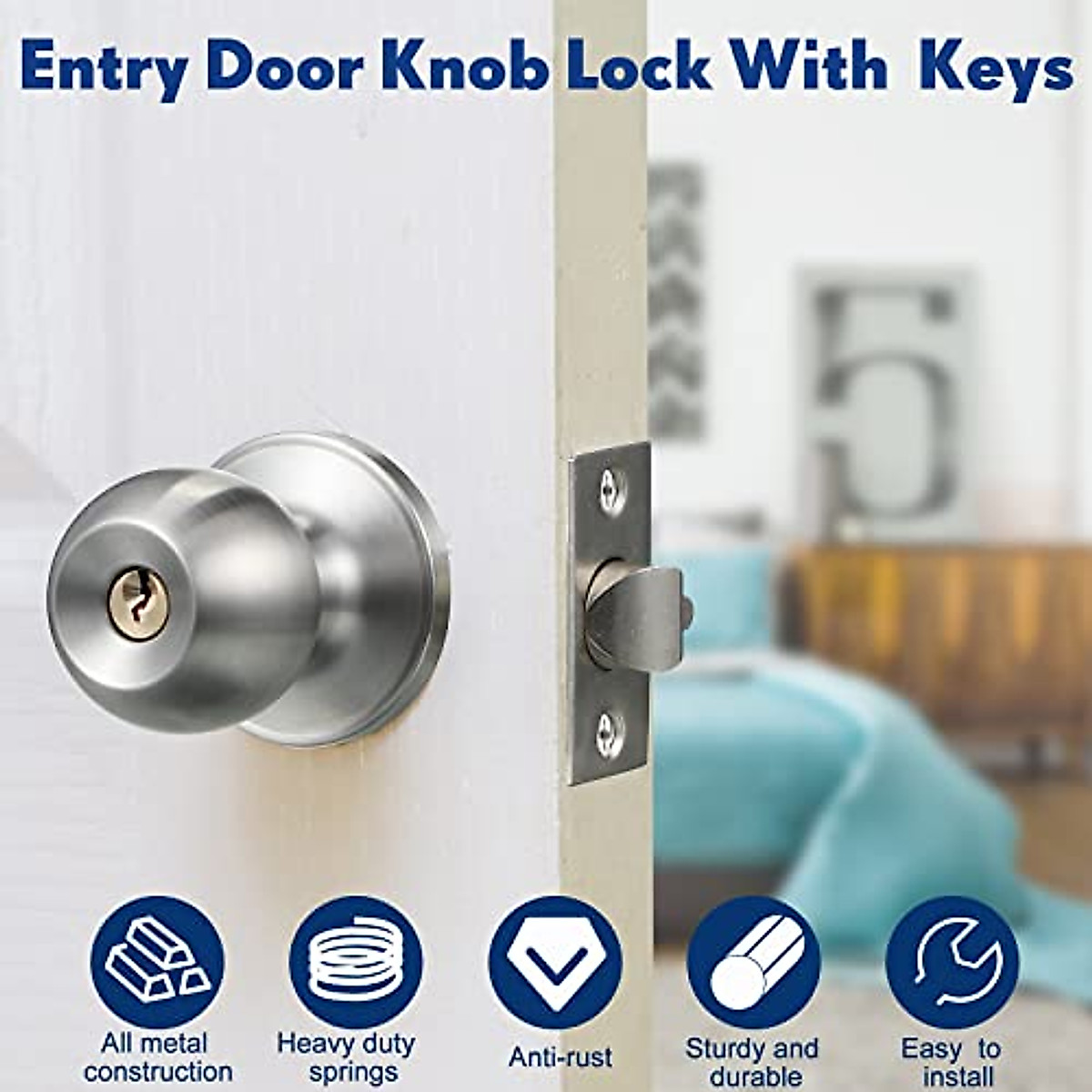 Chumia 15 Pack Door Knob with Lock Key Bedroom Door Lock Handle Interior Exterior Keyed Door Lock Knob Stainless Steel Doorknob for Front Door Bedroom Bathroom