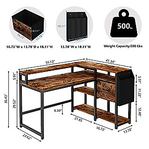 Loomie Reversible L Shaped Desk with Drawer, 55" W x 41" D Industrial Corner Computer Desk with 4 Tier Shelves & Monitor Stand and Bag, Study Table for Home Office, Rustic