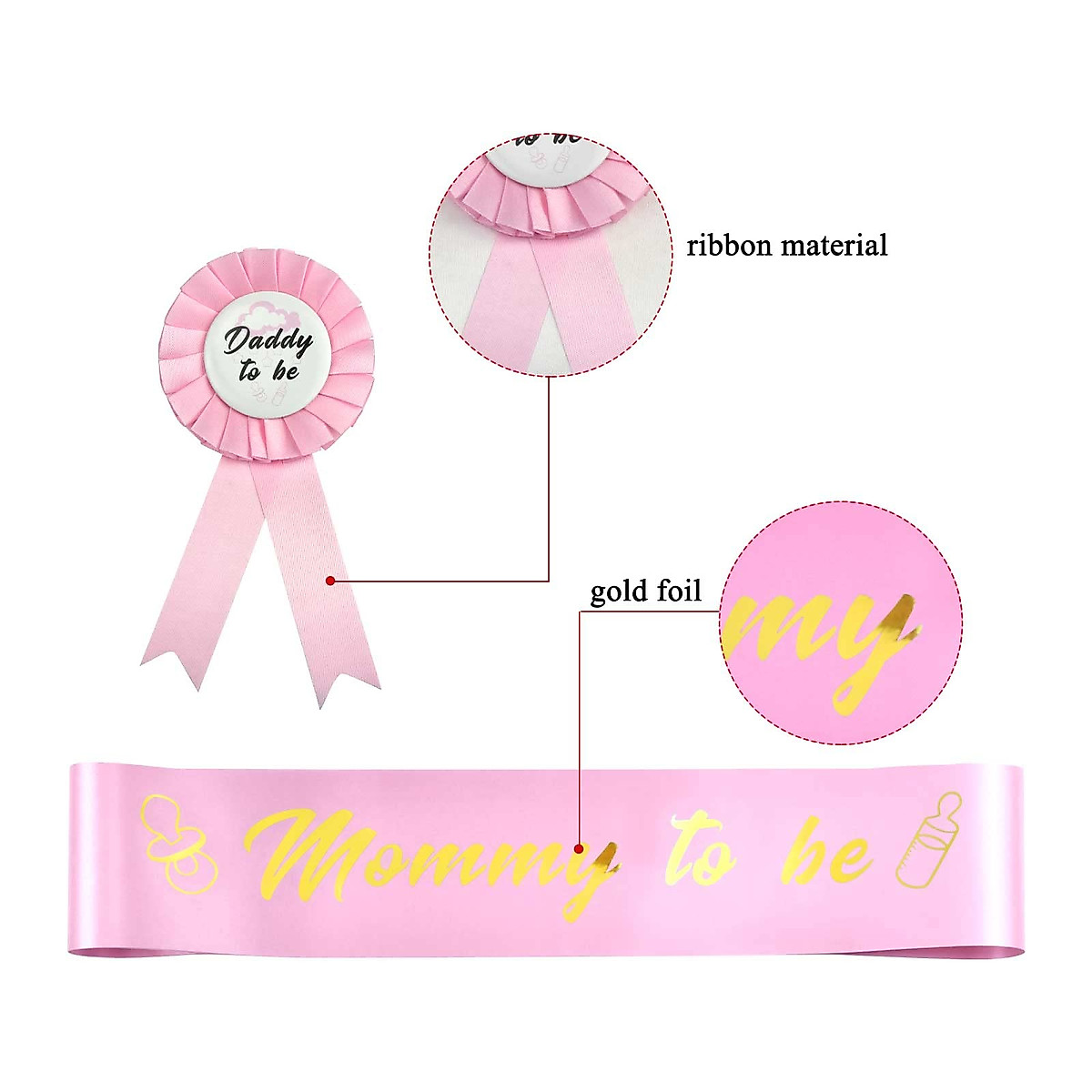 SGKUED 2 PCS Mommy to be Sash and Daddy to Be Tinplate Badge Pin Set, New Daddy Mom Gifts for Baby Shower Party Celebration, Pink Sash and Badge Pin