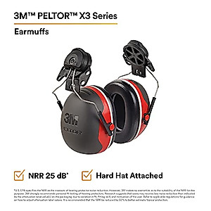 3M PELTOR Ear Muffs, Noise Protection, Hard Hat Attachment, NRR 25 dB, Construction, Manufacturing, Maintenance, Automotive, Woodworking, Heavy Engineering, Mining, X3P3E,Black/Red