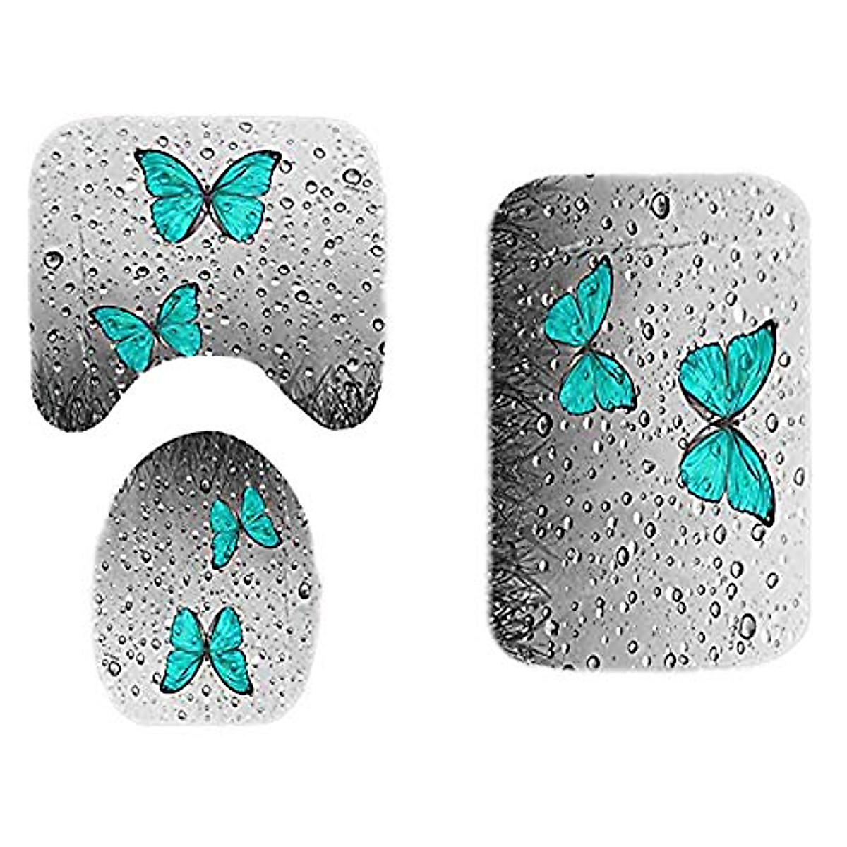 BBSET 4Pcs Shower Curtain Set Teal Butterfly Raindrop Rose Flower Non-Slip Pedestal Rug Toilet Lid Cover Bathroom Bath Mat Doormat Shower Curtain 70x70 inch with 12 Hooks Home Decor (Teal Butterfly)