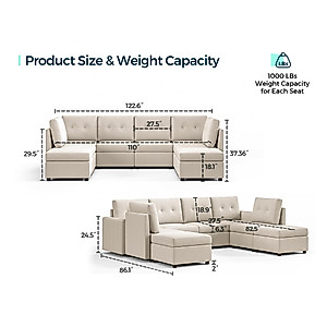 LINSY HOME Oversized Modular Sectional Sofa, Rubik III 6 Seats with 2 Ottomans Convertible U Shaped Sectional Sleeper Sofa with Storage, All Covers Changeable Washable, Grey