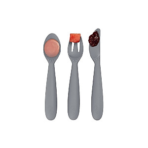 ezpz Happy Utensils - 100% BPA Free Fork, Spoon & Knife for Toddlers + Preschoolers + Self-Feeding - Designed by a Pediatric Feeding Specialist - 24 Months+ (Gray)