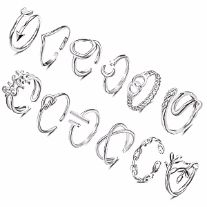 ABDOT 12PCS Adjustable Stackable Thumb Open Rings Set for Women Silver Plated Knuckle Stacking Rings Set Boho Vintage Finger Rings S