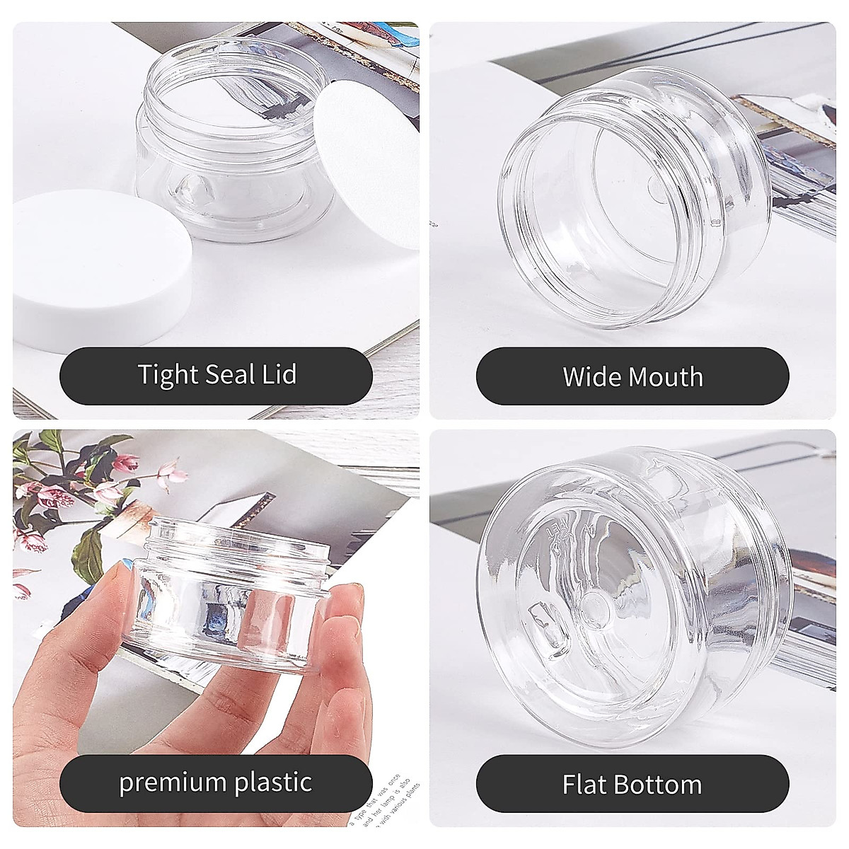 TUZAZO 1 OZ Plastic Jars Round Clear Cosmetic Container Jars with Lids and Labels, 12 Pack Small Plastic Jars for Lotion, Cream, Ointments, Makeup, Glitters, Samples, Travel Storage