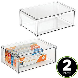 mDesign Plastic Stackable Kitchen Storage Organizer Bins with Pull Out Drawer for Cabinet, Pantry, Fridge, Freezer, Shelf, Refrigerator Organization - Lumiere Collection - 2 Pack - Clear