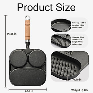 Egg Pan Omelette Pan, 3 Section Square Divided Breakfast Grill Pan with Solid Wood Handle，Nonstick Egg Frying Pan for Stove Tops, Kitchen Cooking Tool for Indoor Cooking & Outdoor Grilling (Black)