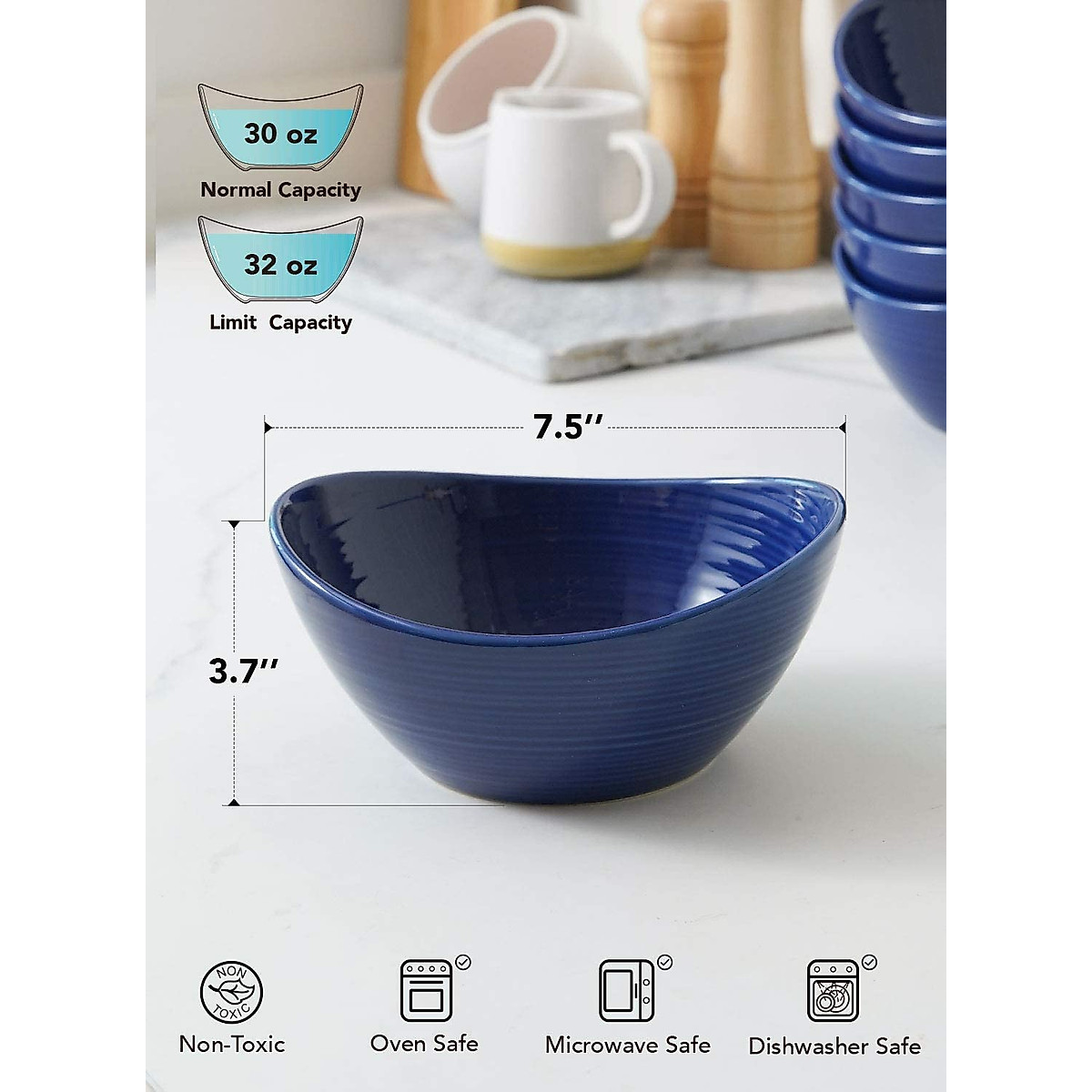 LE TAUCI Large Cereal Bowls 30 OZ, Ceramic Bowls Set for Salad Soup Rice Desserts, Kitchen Serving bowl, Oven Dishwasher & Microwave Safe - 7.5 inch, Set of 4, True Blue