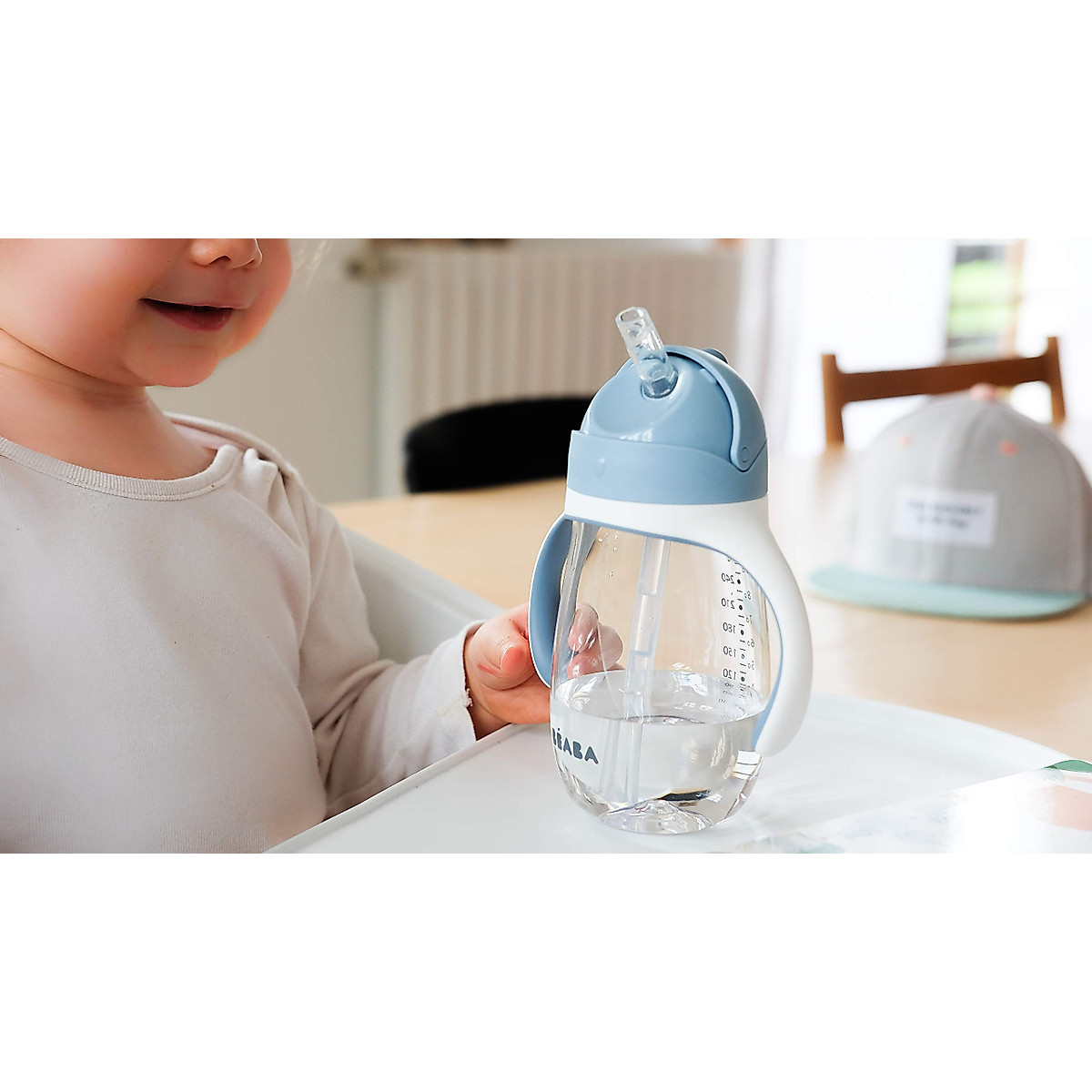 BEABA Straw Sippy Cup, Toddler Baby Straw Cup with Removable Handles, Leak and Spill Proof, BPA Phthalate Free, 8+ months, 10 oz, (Rain)