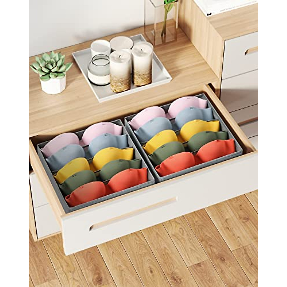 DIMJ 2 Pack Bra Drawer Organizers, 5 Cells Underwear Organizer Drawer Bra with Divider Zip Storage Cabinet Organizer Fabric Box for Bra, Socks, Ties, Belts (Grey)