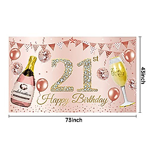 Happy 21st Birthday Banner Backdrop Decorations for Her, Pink Rose Gold 21st Birthday Background Party Supplies for Girls Women, 21 Year Old Birthday Photo Booth Poster Sign Decor(72.8 x 43.3 Inch)
