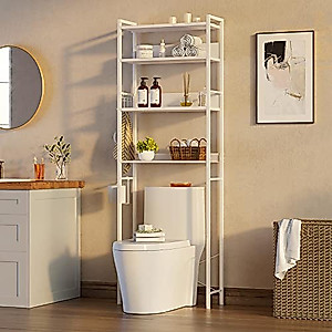 Rolanstar Over The Toilet Storage, 4-Tier Wooden Bathroom Space Saver with Hooks, Freestanding Bathroom Organizer, Multifunctional Over The Toilet Storage Rack, Bathroom Toilet Rack, White