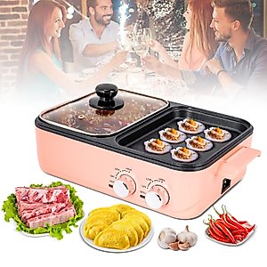 Electric Grill with Hot Pot-2 In 1 Multifunction Nonstick Griddle and Hot Pot-Independent Temperature Control,Portable Multifunctional Smokeless Korean BBQ Grill-Fast Heating-2L-Pink