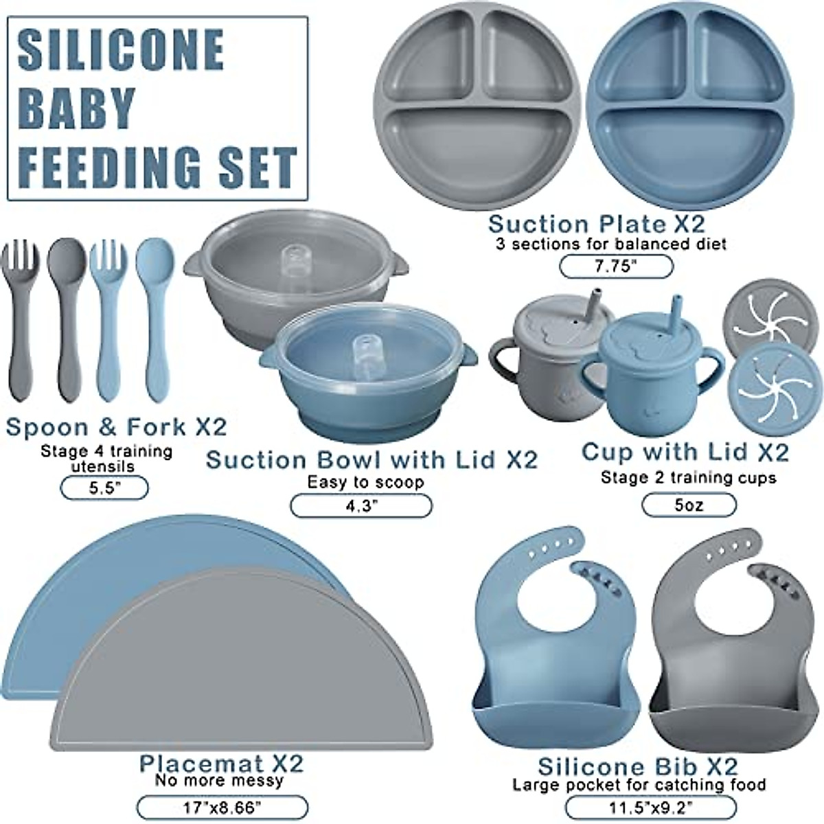 Mimorou 16 Pack Baby Feeding Supplies Set, Silicone Baby Led Weaning Suction Plates and Bowls Silicone Bibs Anti Slip Placemat Snack Cups Baby Spoons Forks, Toddler Eating Utensil Set