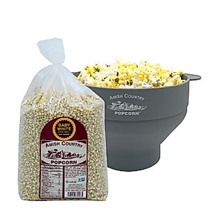 Amish Country Popcorn - Baby White (6 Pound Bag) and Grey Silicone Popcorn Popper Bundle | Small & Tender Popcorn | Popper is BPA and PVC Free with Handles, Dishwasher Safe