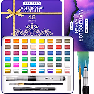 ARTISTRO Watercolor Paint Set, 48 Vivid Colors, Including Metallic and Fluorescent Colors. Perfect Travel Watercolor Set for Artists, Amateur Hobbyists and Painting Lovers