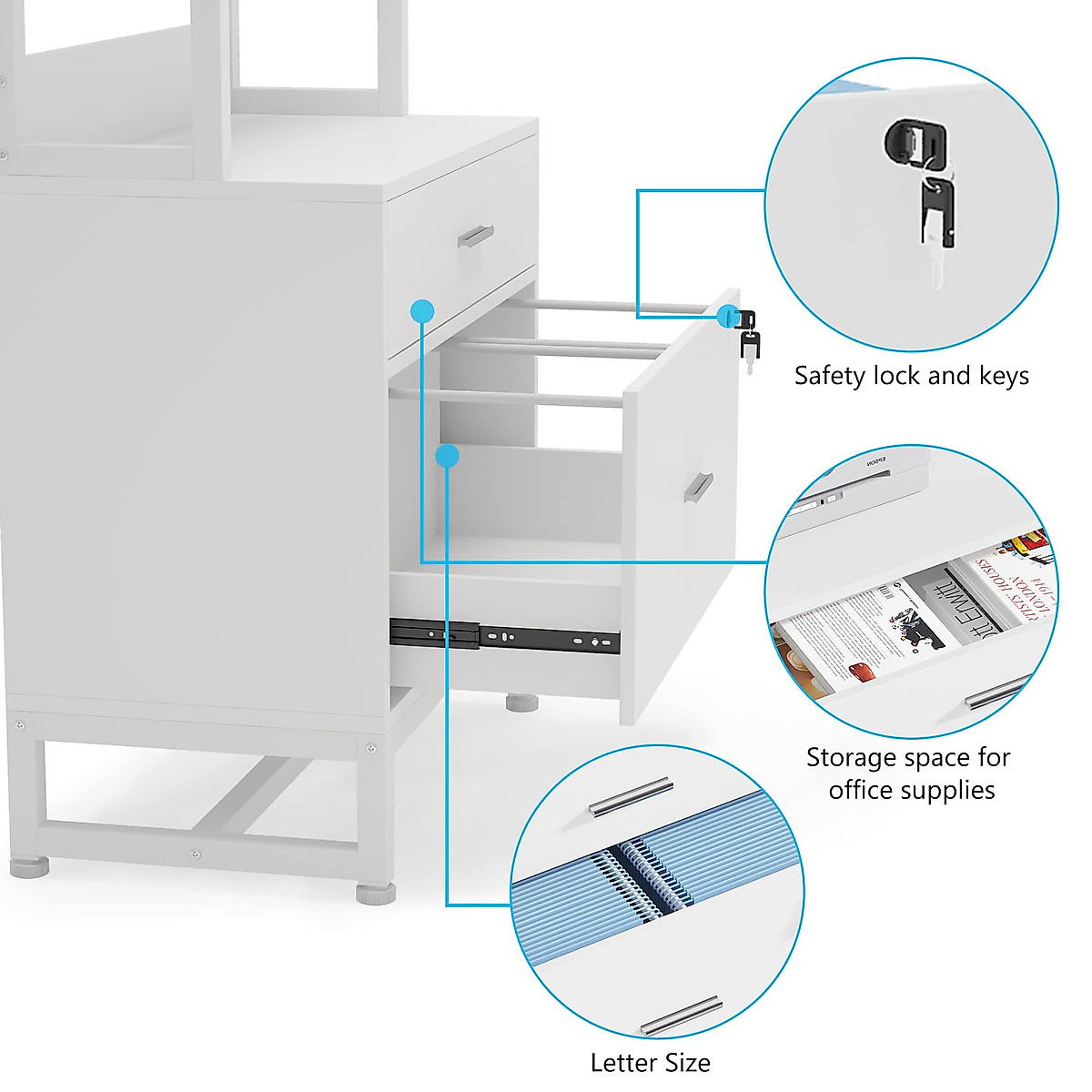 Tribesigns 2 Drawer Vertical File Cabinet with Lock & Bookshelf, Letter Size Large Modern Filing Cabinet Printer Stand with Open Storage Shelves for Home Office, White