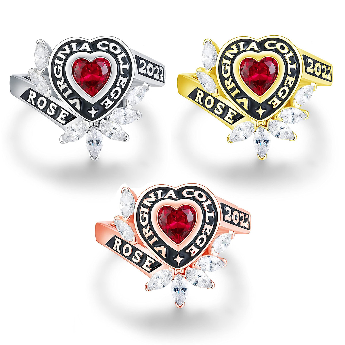 JNJ Women's Class Ring, personalized for high school and college graduates, Sterling Silver, Birthstone, Original design, Heart collection-Jour Nouveau Jewelry (Platinum)