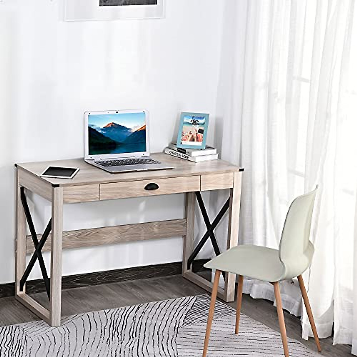 HOMCOM Home Office Computer Desk, Rustic Writing Desk, Farmhouse Workstation with Storage Drawer, X-Frame