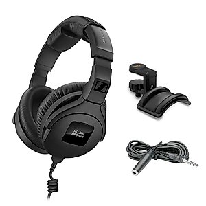 Sennheiser HD 300 Pro Headphones, Black with Headphone Holder & Stereo 1/4" Male Phone TRS Headphone Extension Cable 10'