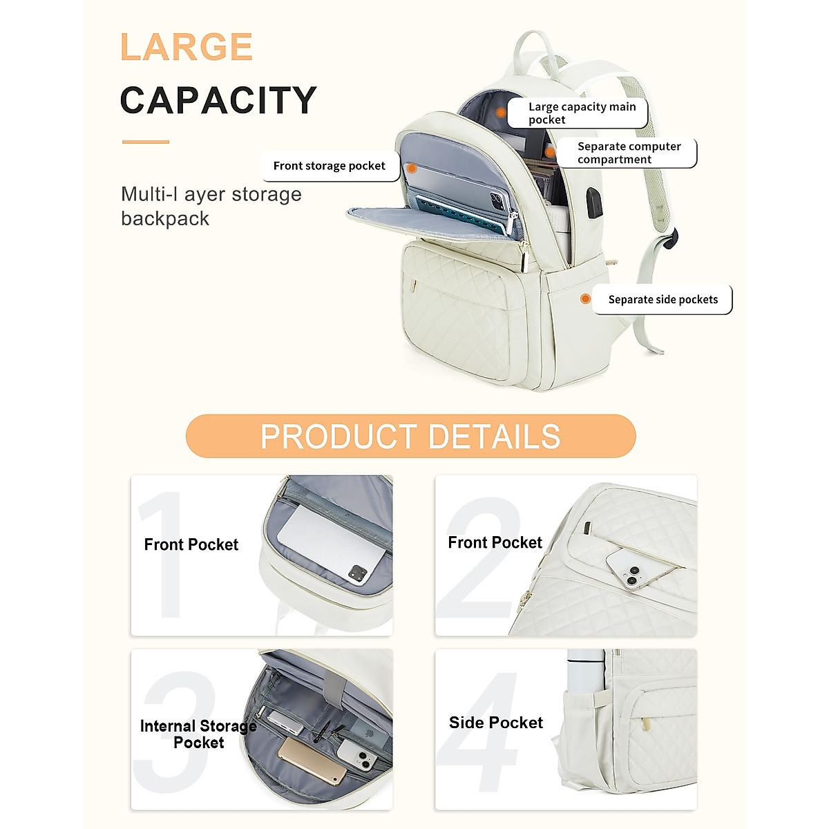 suradar Laptop Backpack for Women,Waterproof Backpack Purse Womens Business Computer Work Backpack Casual Daypacks University Backpacks Fits 15.6 Inch Laptop Bag Beige