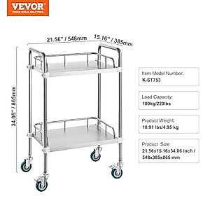 VEVOR Lab Rolling Cart, 2-Shelf Stainless Steel Rolling Cart, Lab Serving Cart with Swivel Casters, Dental Utility Cart for Clinic, Lab, Hospital, Salon, 15.16"x21.57"x34.06"