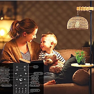 QIYIZM Floor Lamp with Table and Shelves for Living Room Bedroom Rattan Shelf Floor Lamps with Remote Boho Dimmable Standing Lamp Wicker Bamboo Wood Farmhouse Black Tall Lamp Rustic Floor Light