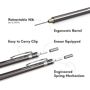 MozArt Mechanical Pencil Set with Case - 4 Sizes: 0.3, 0.5, 0.7 & 0.9mm with 30 HB Lead Refills Each & 4 Eraser Refills - Sketching, Architecture, Drawing Mechanical Pencils, Metal Mechanical Pencil