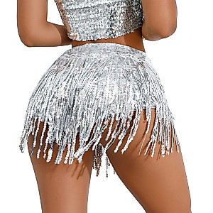 Rave Shorts for Women: Shiny Sequins Fringe Skirt Mini Skort Sparkle Booty Shorts Tassel Rave Skirts Skort Music Festival Bottoms Space Cowgirl Alien Costume Halloween Cosplay Outfit Silver Large