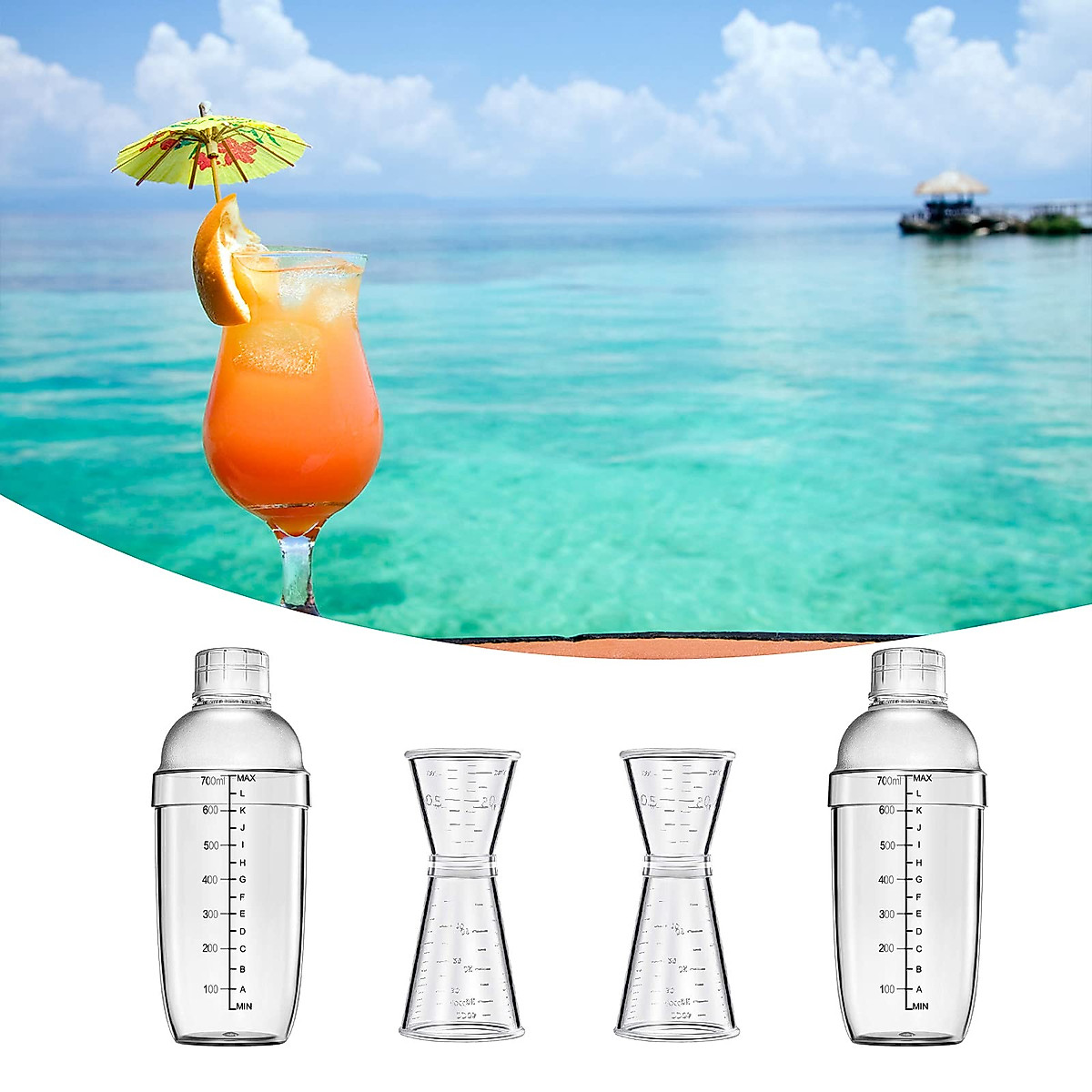 4 pcs Clear Cocktail Shaker Set 2 pcs Plastic bar Shaker with 2 pcs Plastic Cocktail Double Measuring Jigger