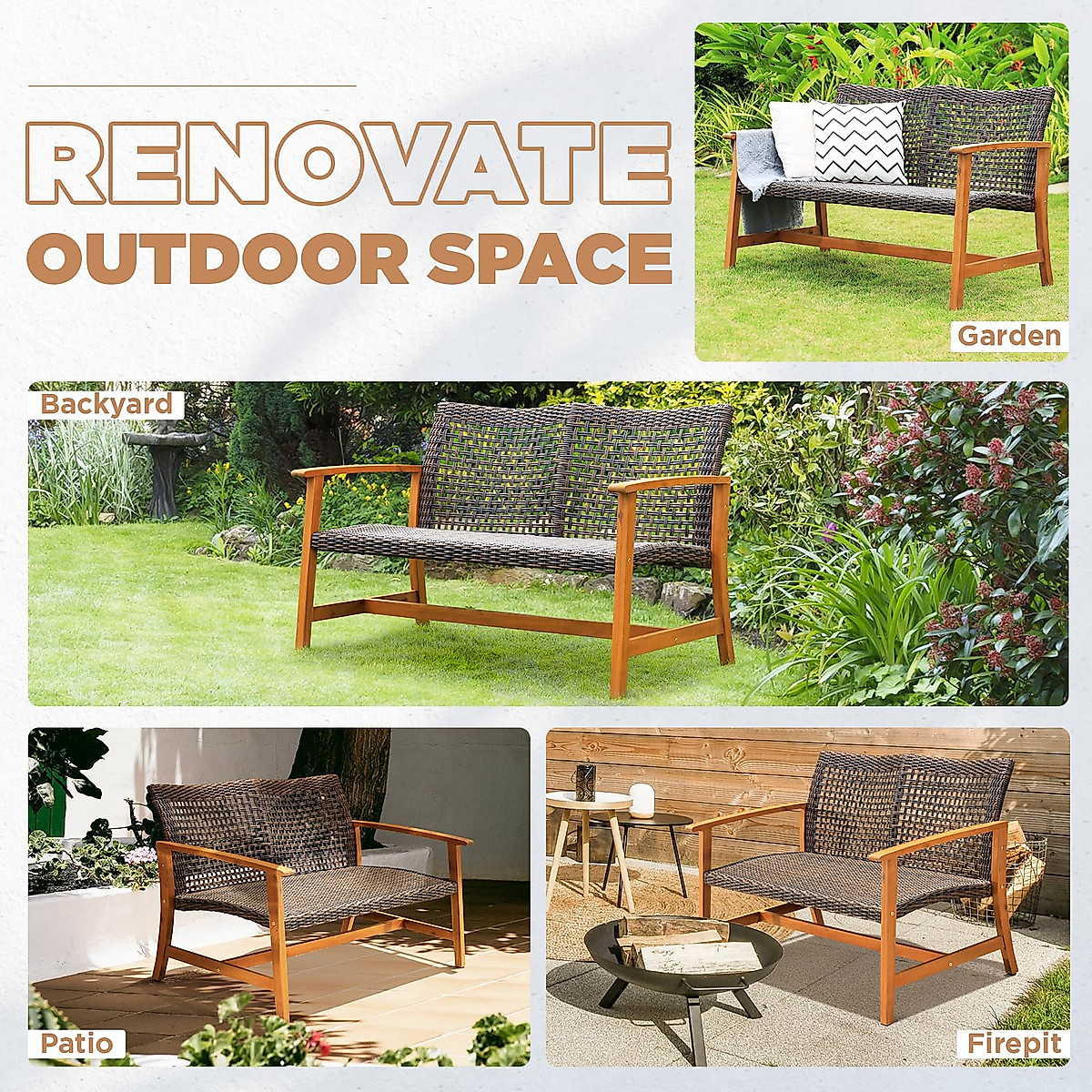 IDZO Harmonie 800lbs Capacity Outdoor Loveseat Furniture, FSC Certified Acacia Patio Sofa with Upgraded 2000 Hours UV Resistant Wicker, Teak Finish Porch Couch