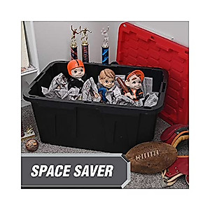  4 Pack 27 Gallon Plastic Storage Bin Tote Organizing Container With Durable Lid and Secure Latching Buckles , Stackable and Nestable Snap Lid Plastic Storage Bin, Black Base/Red Lid