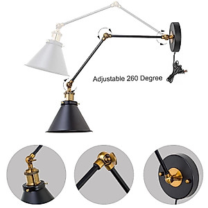 Black Wall Sconces Lighting, Modern Industrial Plug in or Hardwired Adjustable Swing Arm Wall Lamp with Antique Brass Finish for Bedroom, Living Room and Kitchen