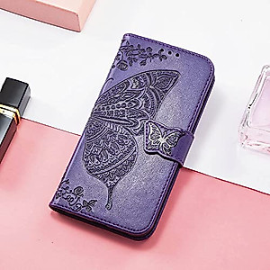 KRHGEIK Designed for iPhone 13 Mini Wallet Case,Women Flip Folio Cover with Butterfly Embossed PU Leather Kickstand Credit Card Holder Slots Wrist Strap Phone Case for iPhone 13 Mini 5.4" (Purple)