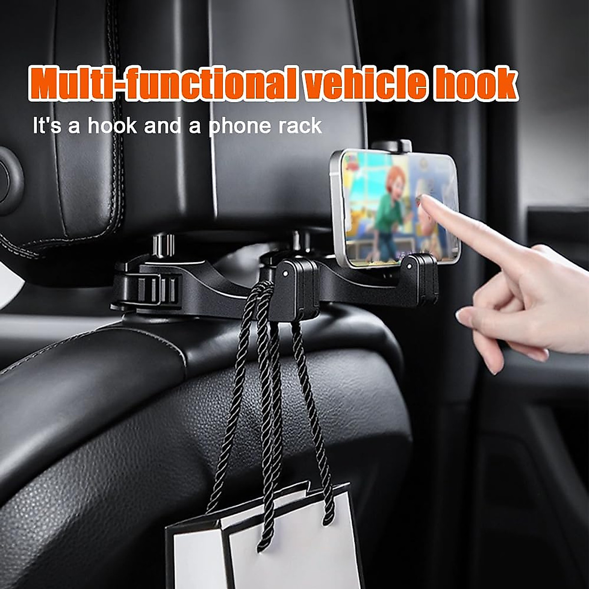 DWARFOO 2 Pack Car Headrest Hook with Phone Holder, 2 in 1 Car Vehicle Back Seat Headrest Mobile Phone Holder Hanger Holder Hook for Bag Purse Cloth Grocery (Blue)
