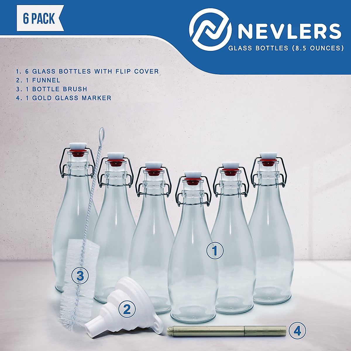 Nevlers Set of 6 | 8.5 Oz. Glass Bottle Set with Swing Top Stoppers and Includes Bottle Brush, Funnel and Gold Glass Marker | Swing Top Glass Bottles | Clear Glass Water Bottle