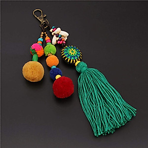 QTMY Pom Pom Shell Beads Tassel Bag Charm Pendant Boho Keyring Keychain for Women Purse Handbag Decor (Green)