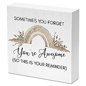 Boho Rainbow Theme Inspirational Desk Decor Wooden Box Sign - Motivational Table Sign For Kids Room Nursery Playroom Classroom-Sometime You Forget You're Awesome So This Is Your Reminder(TongMu-04)