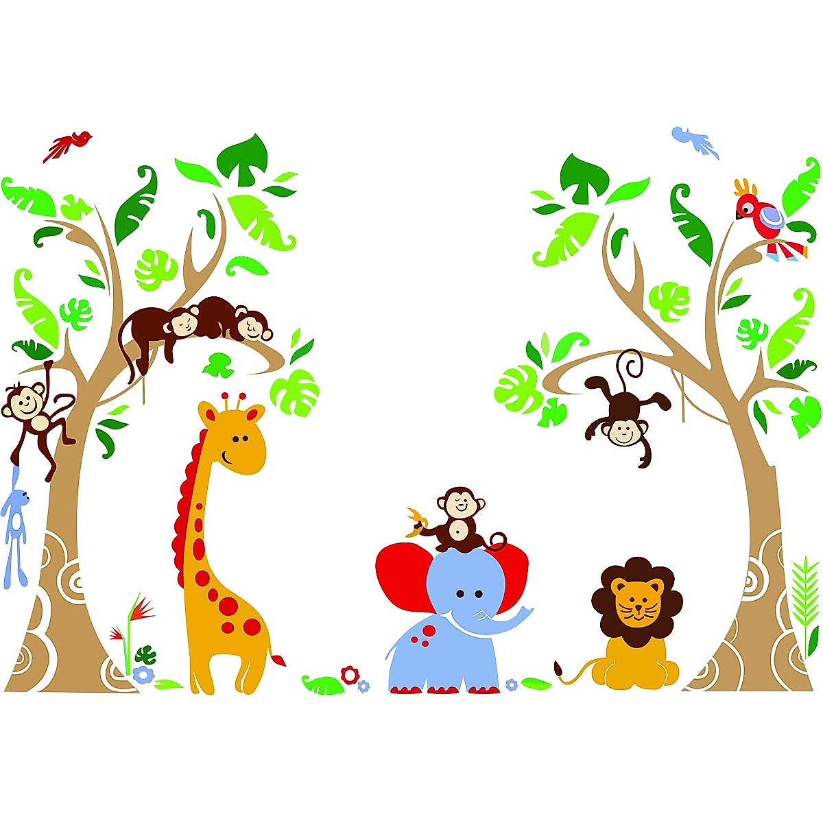 Runtoo Jungle Animals Tree Wall Decals for Nursery Baby Kids Bedroom Monkey Giraffe Elephant Wall Stickers Adventure Wall Décor
