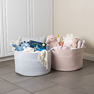 Pink Storage Basket - 22”x14” | Baby Girl Laundry Basket | Toy Bin | Woven Baskets for Storage | Fabric Laundry Baskets for Storage